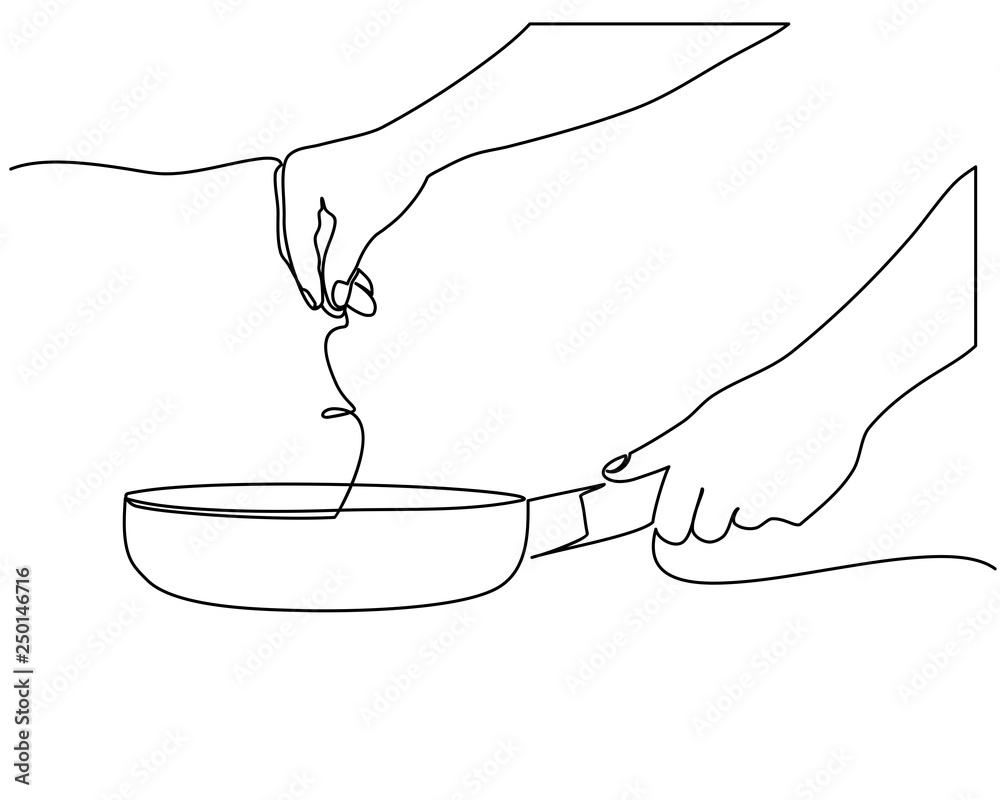 continuous line drawing of Side view of chef hand holding a frying pan ...