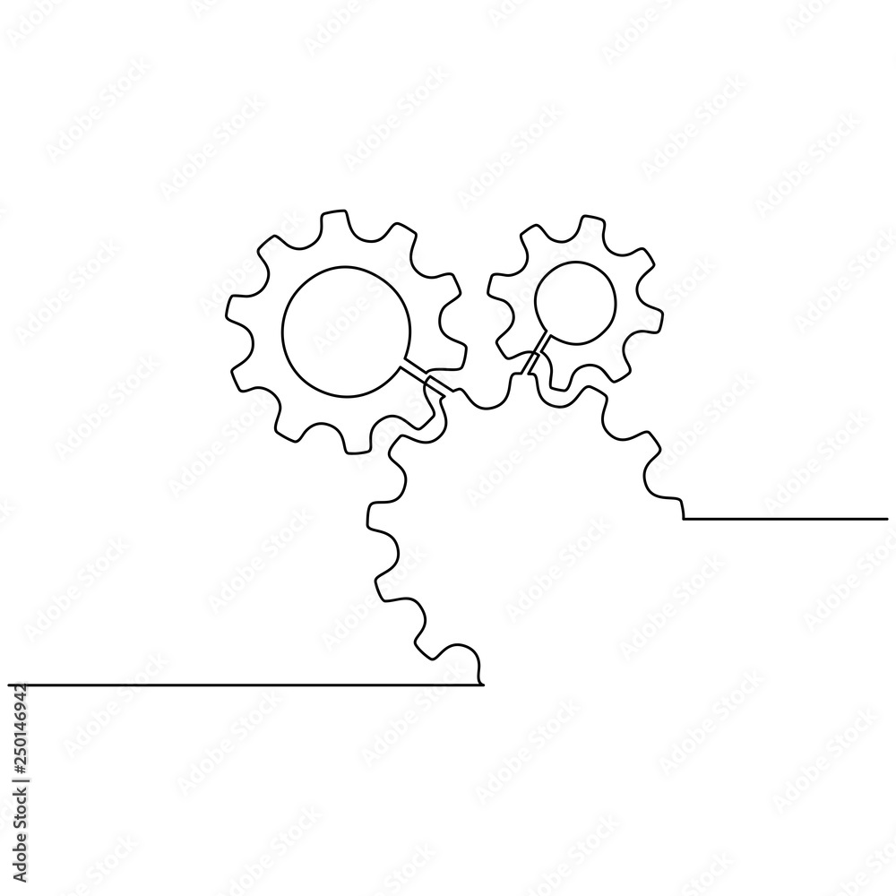 Continuous line drawing of gears wheel. Gears are drawn by a single ...