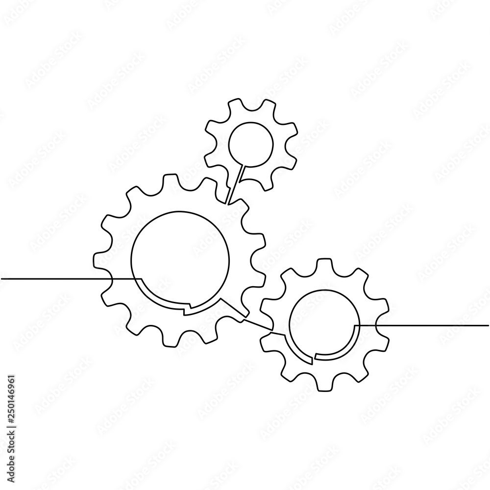 Continuous line drawing of gears wheel. Gears are drawn by a single ...