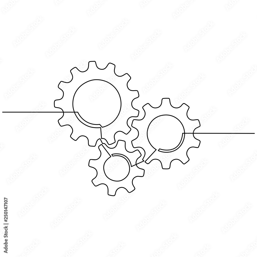 Continuous line drawing of gears wheel. Gears are drawn by a single ...