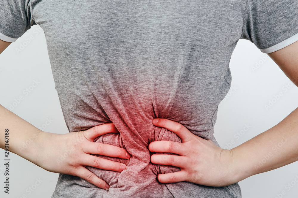 Abdominal pain, stomach problems. Medical and health concept. The man ...