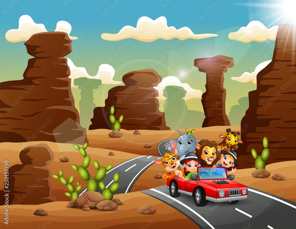 Cartoon kids driving a red car with wild animals through the desert ...