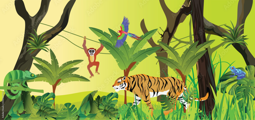 Horizontal banner jungle theme illustration with animals background ...