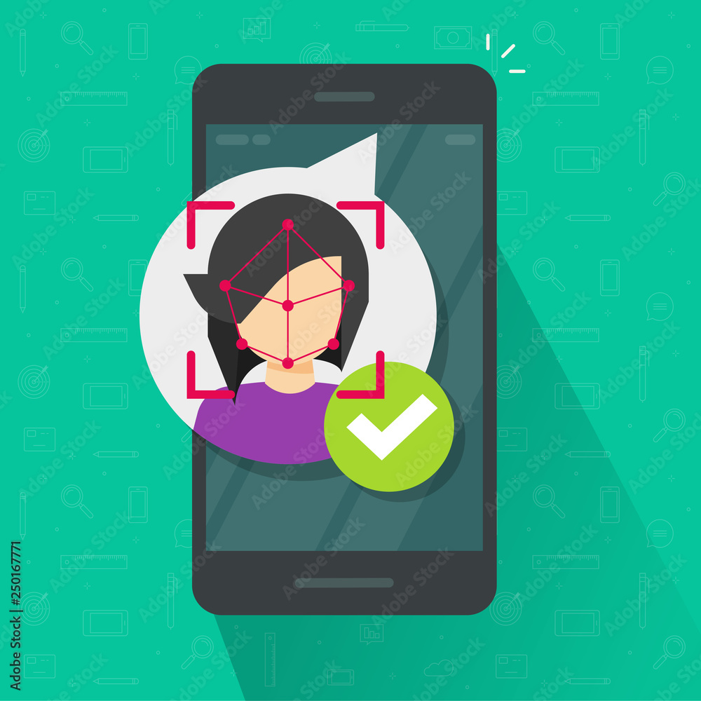 Face id recognition via mobile phone vector illustration, flat cartoon ...