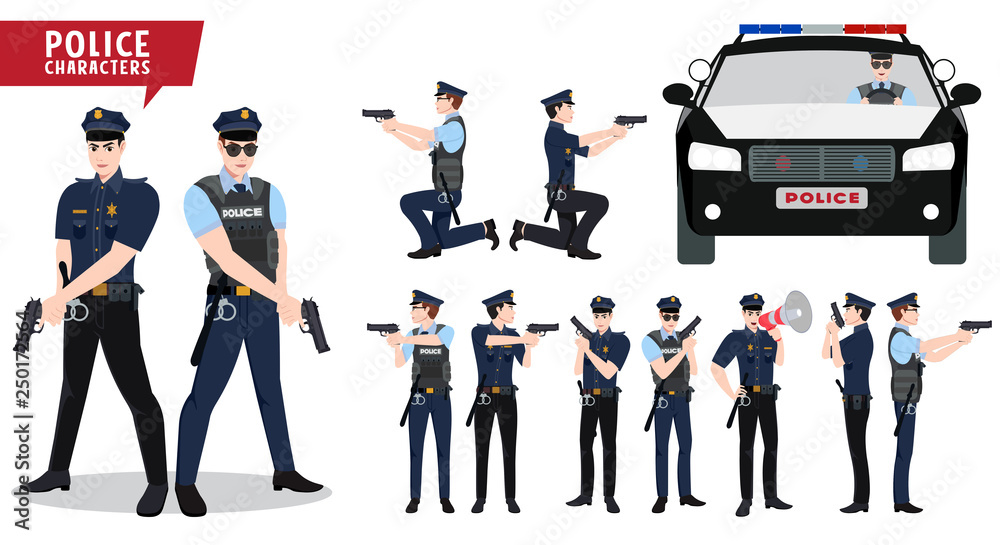 Policeman and police car vector character set. Law enforcers characters ...