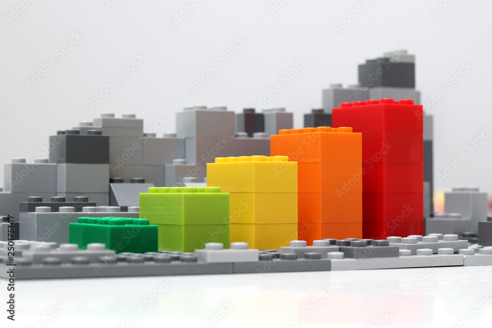 Progress chart made of bricks. Isometric composition of colourful toys ...