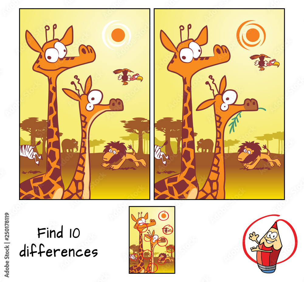 Wild animals in african savannah. Find 10 differences. Educational ...