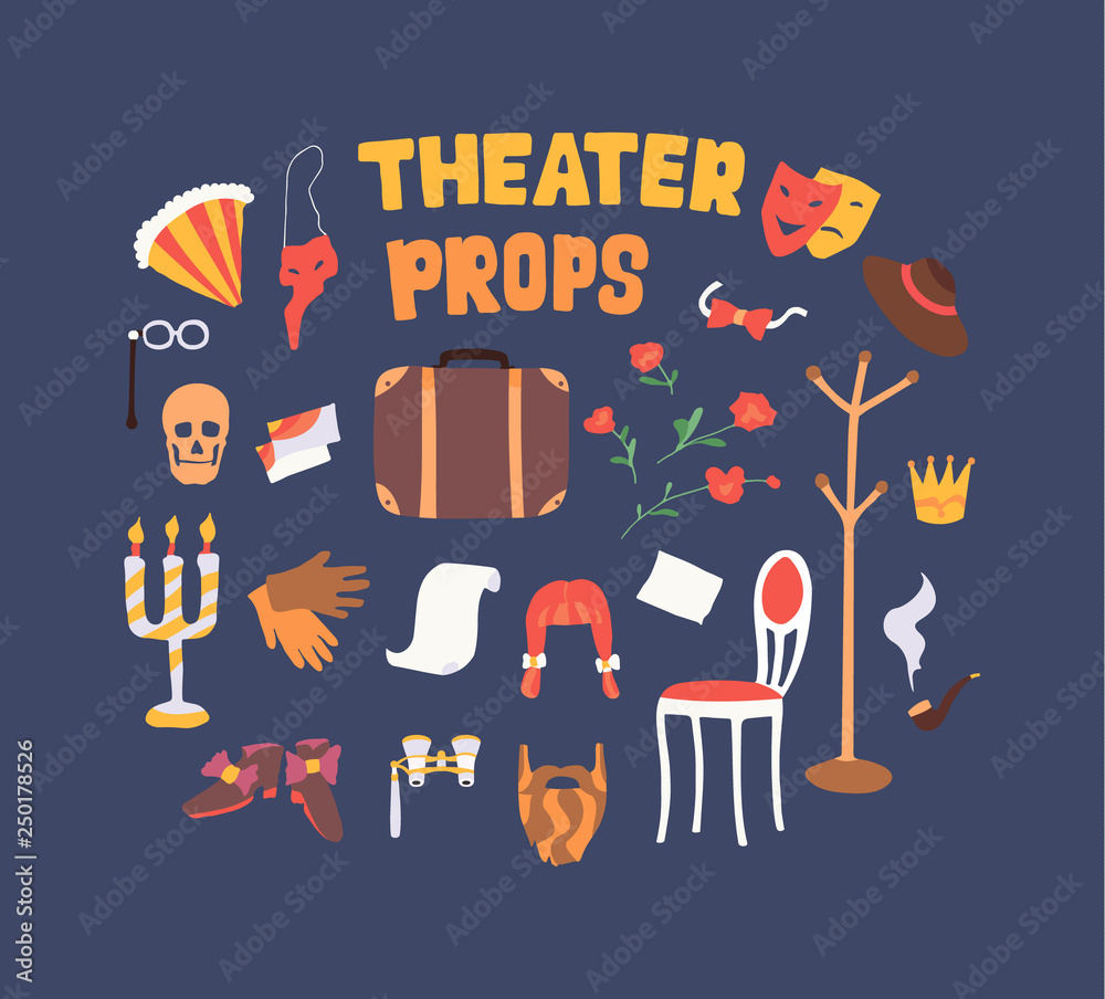 Flat vector illustration of theater props. Dramatic theater things ...
