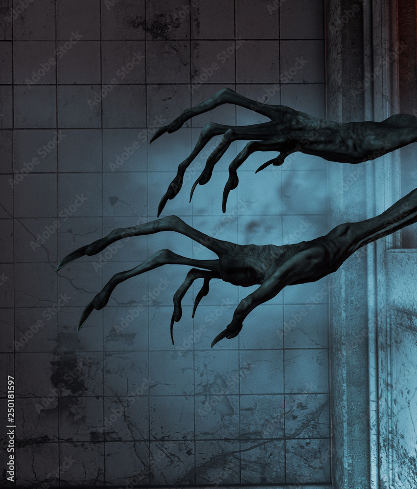 Evil's hands out from the doors of a haunted house,3d rendering Stock ...