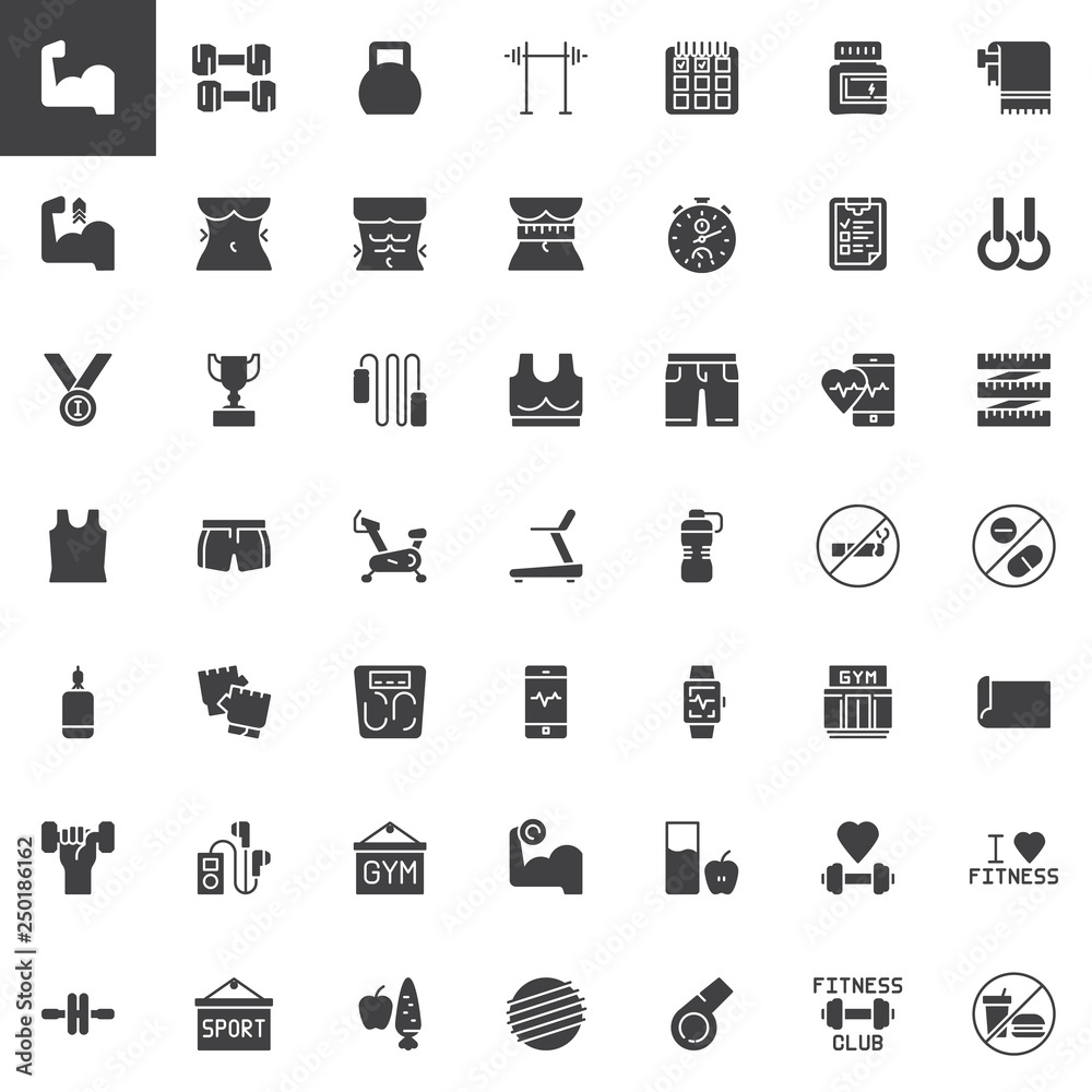 Fitness gym equipment vector icons set, modern solid symbol collection ...