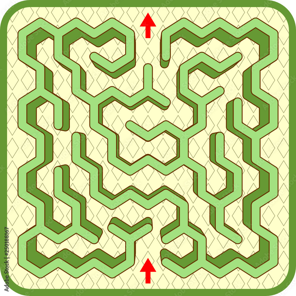 Abstract three-dimensional hexagonal shaped hedge maze game template, top view, ready for use ...
