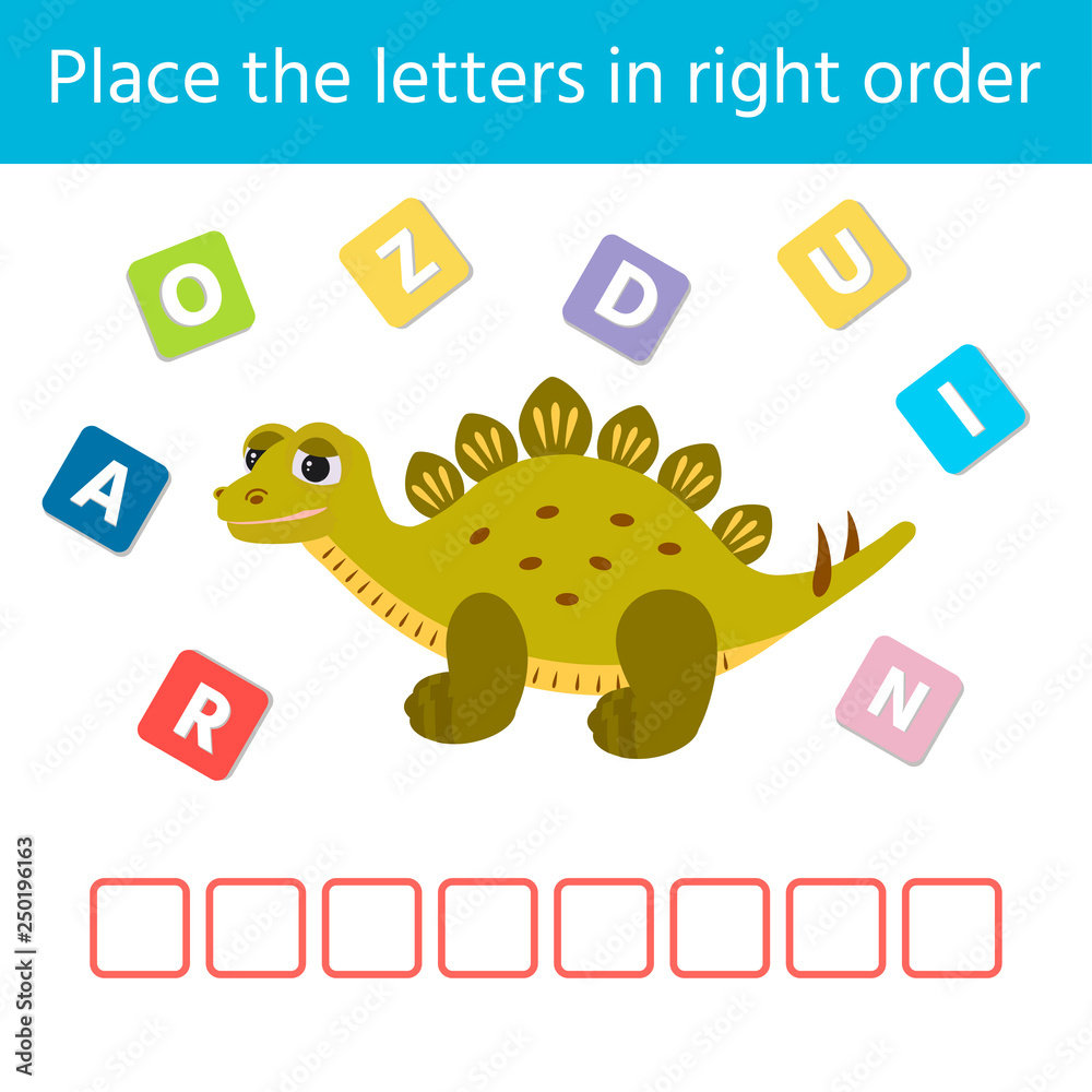 Worksheet with words puzzle game for children. Dinosaur. Place the ...