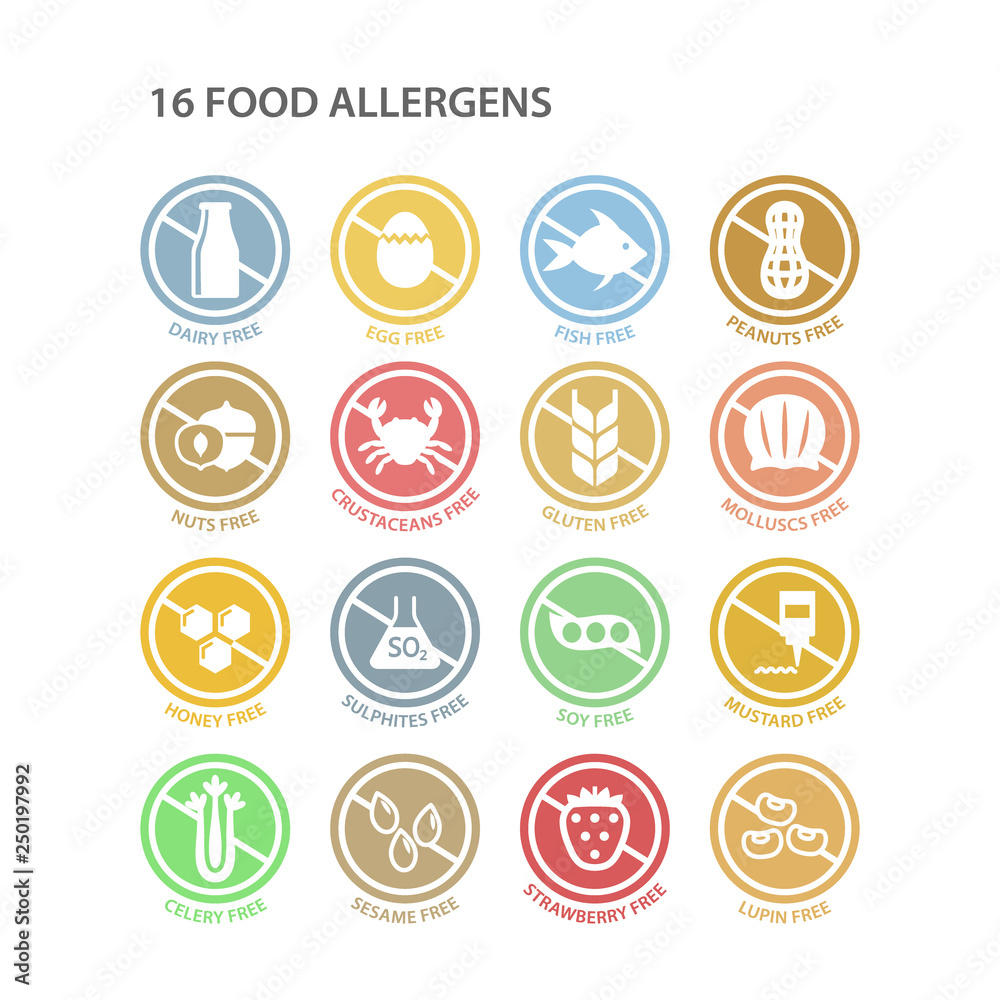 Allergens free circle colorful ingredients label set. Soy free, dairy ...
