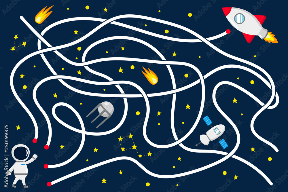 Maze game for kids. Help the astronaut find the right way to the rocket ...