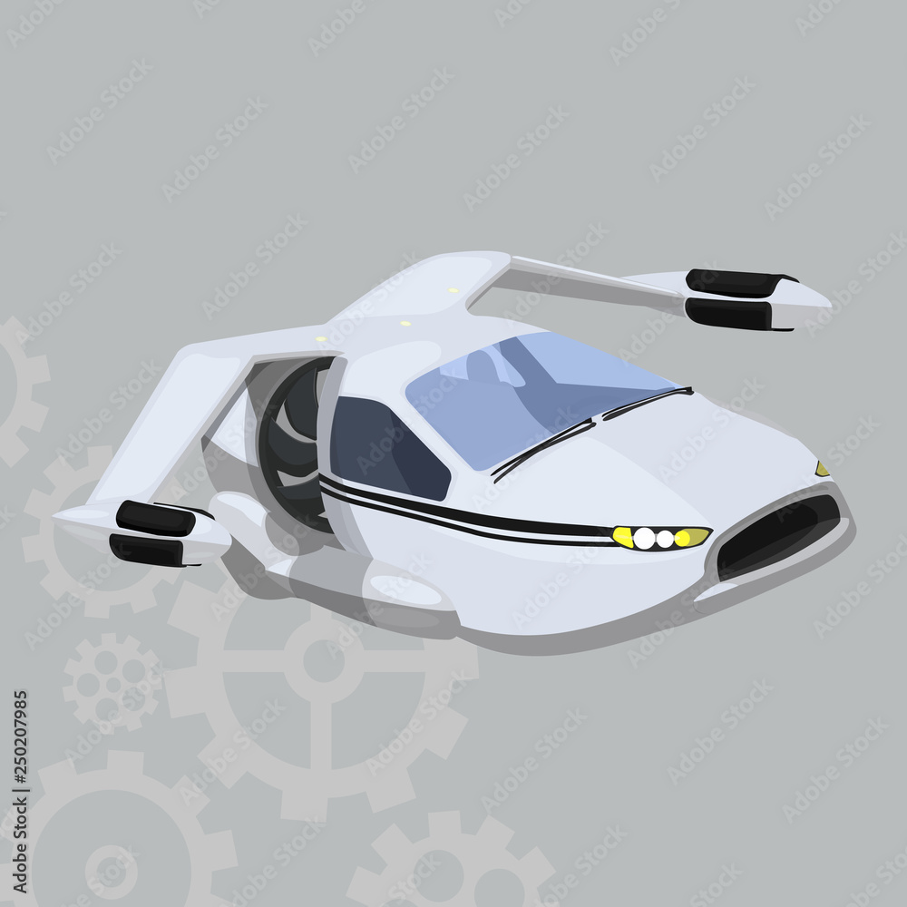 Flying car vector icon on a grey background. Futuristic electric car ...