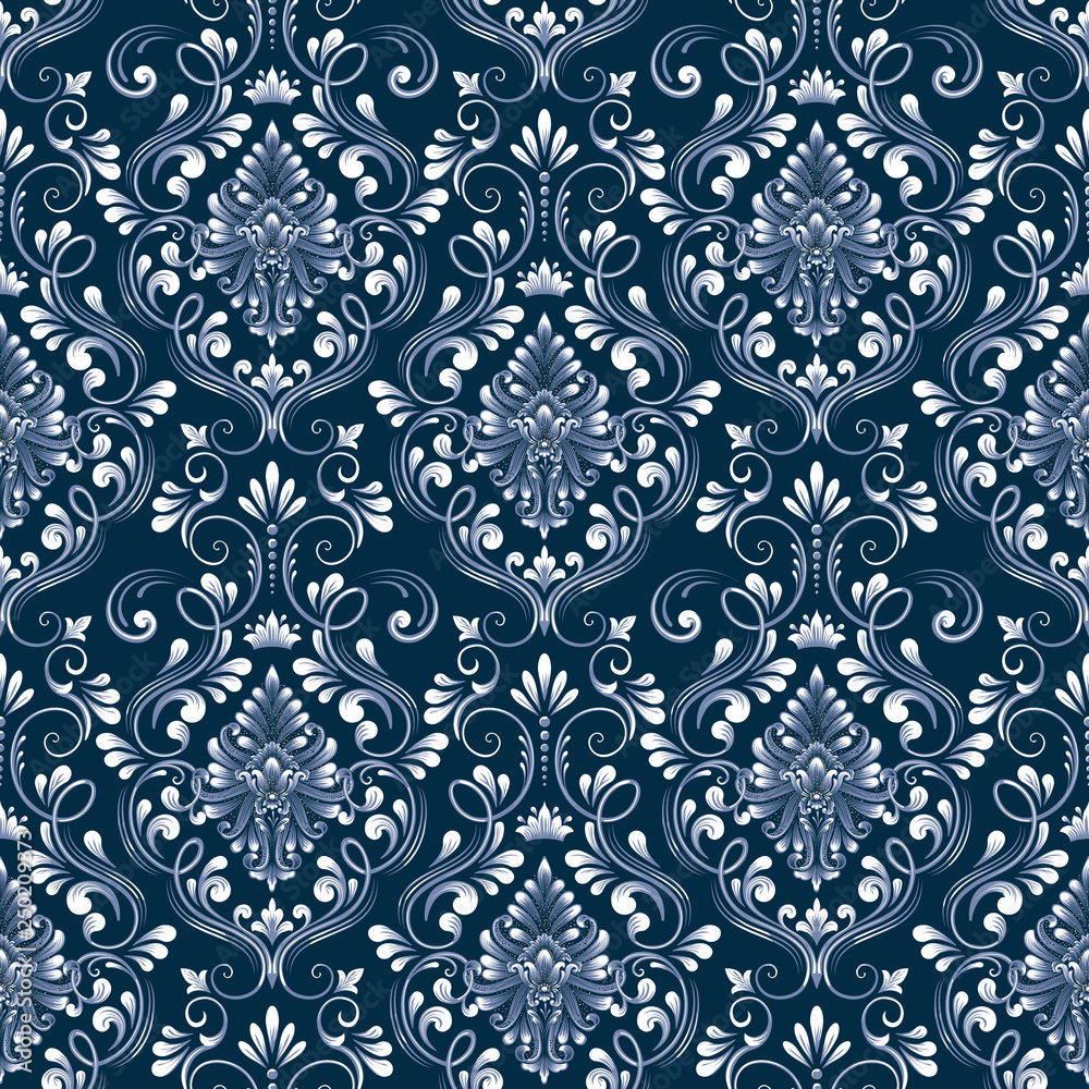 Vector blue damask seamless pattern background. Classical luxury old ...