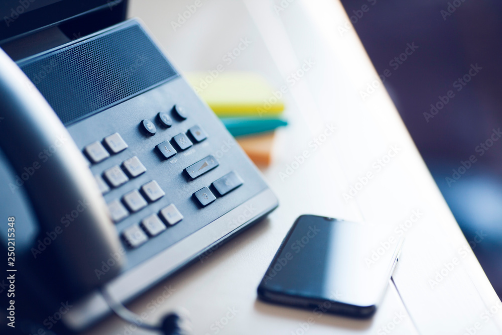 Ip telephony concept. Modern ip phones, sip terminals, conference ...