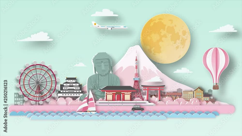 Japan Fuji cherry blossoms travel background video animation ,flat ...