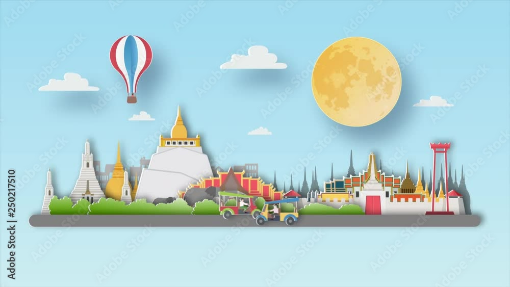 Thailand travel destination background video animation ,flat cartoon ...