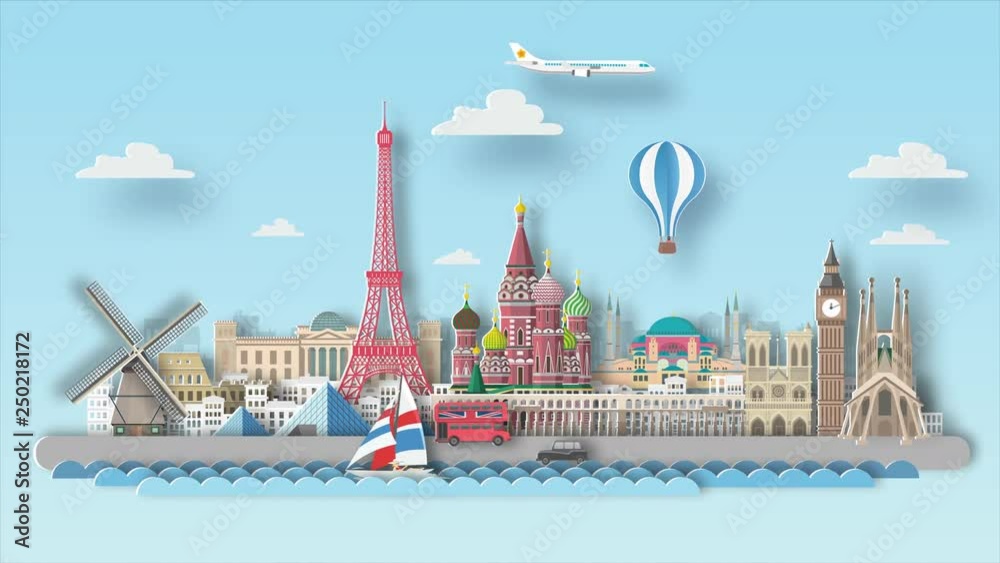 world travel destination background video animation ,flat cartoon and ...
