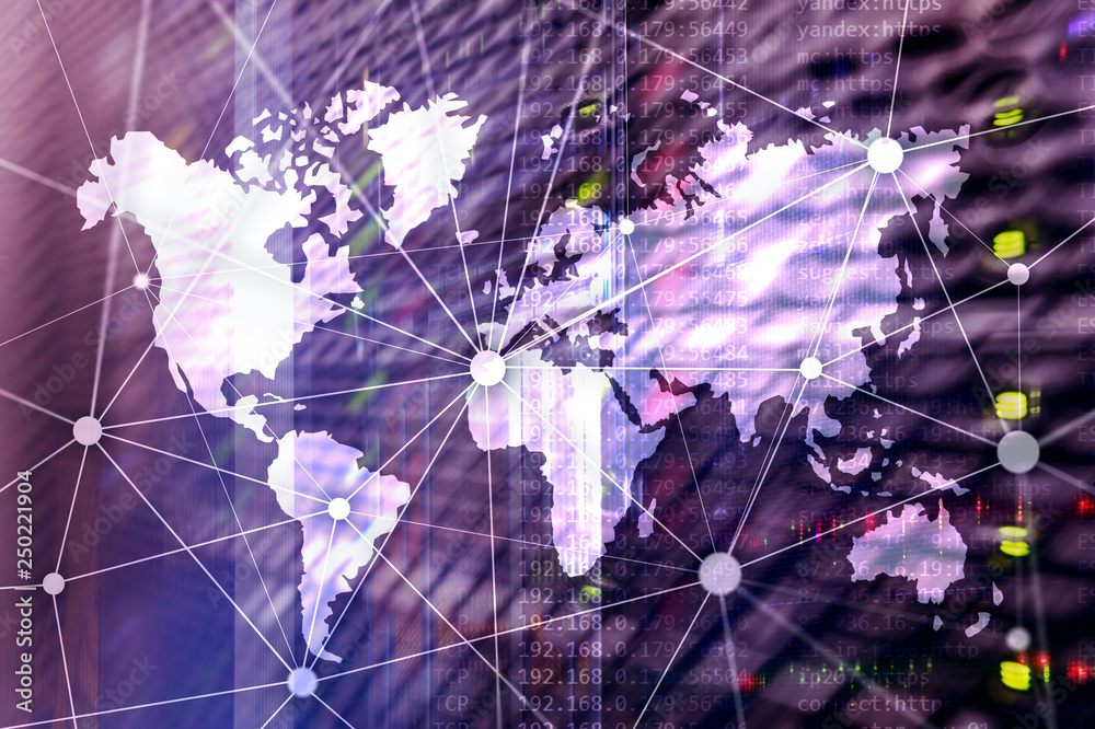 World map with communication network on server room background. Stock ...