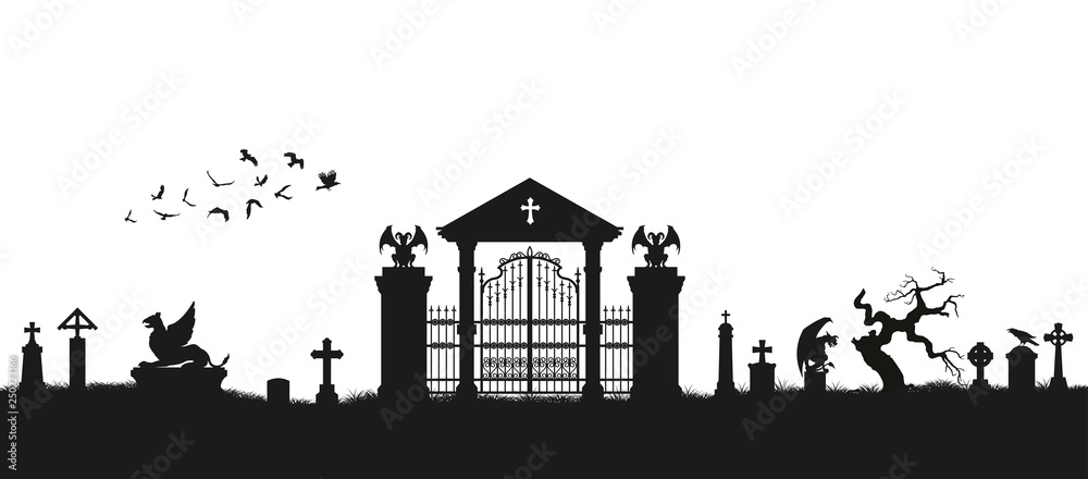 Black silhouette of gothic cemetery. Medieval architecture. Graveyard ...