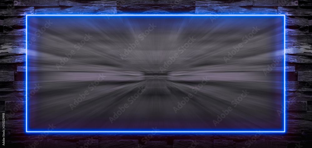 Blue neon light frame on stone background with motion blur. Copy space ...