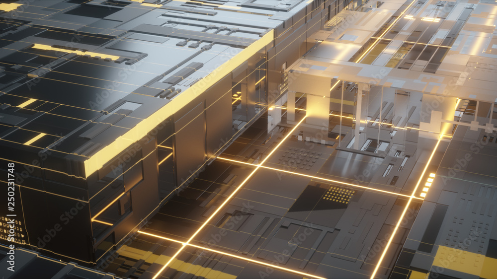 3d Render Digital abstract architecture fragment. Cyber City. Printed ...