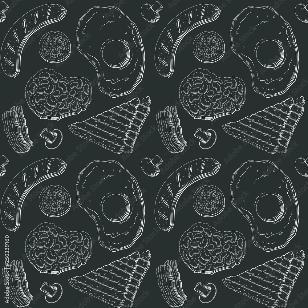 Hand drawn illustration of Full English Breakfast plate with sausage ...