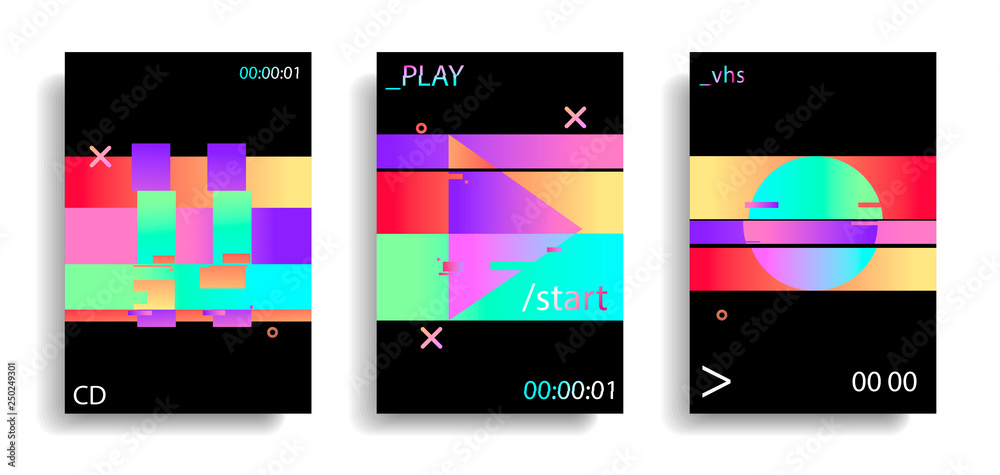 Holographic flickering glitched elements play, circle , pause button ...