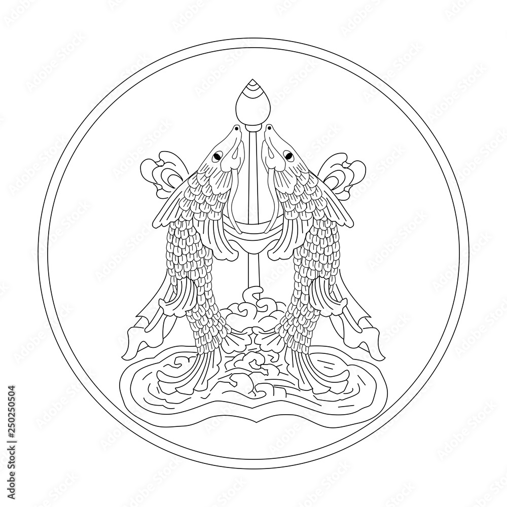 Two golden fish. eight auspicious symbols of buddhism. Valuable. Black ...