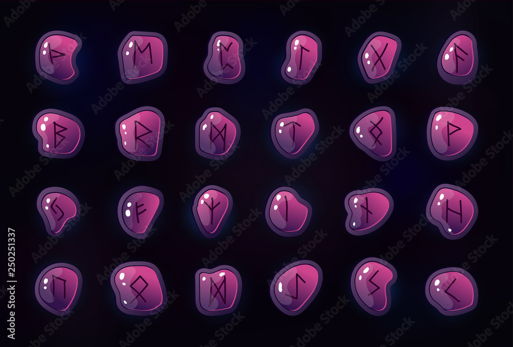 Rune set of letters, runes alphabet. Shiny square stones with fantastic ...
