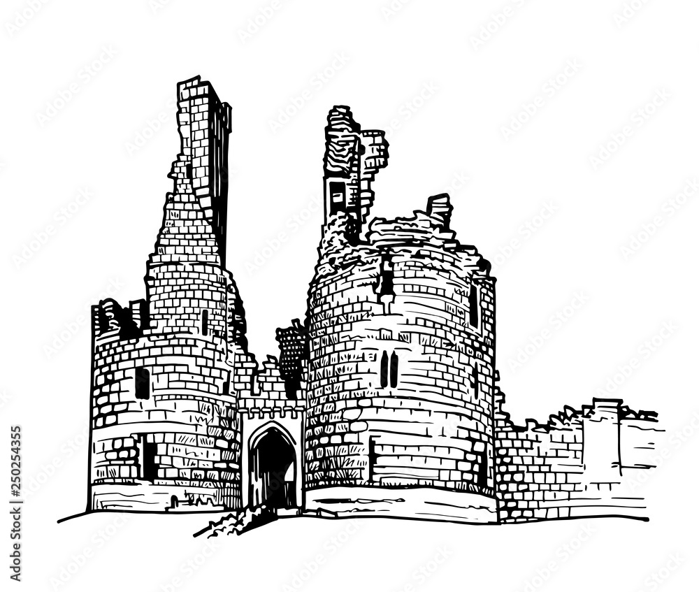 Graphical sketch of dunstanburgh castle isolated on white background ...