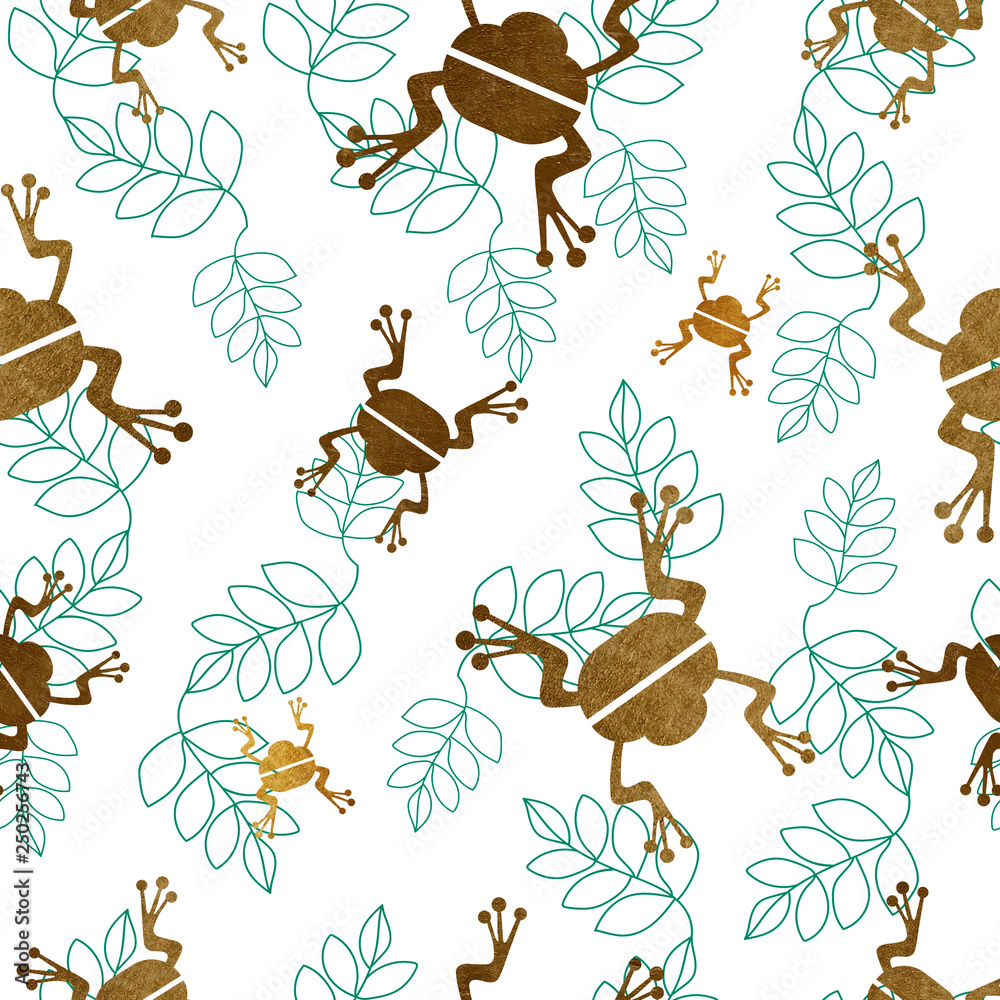 Seamless pattern with golden frogs and leaves. Silhouette of a frog ...