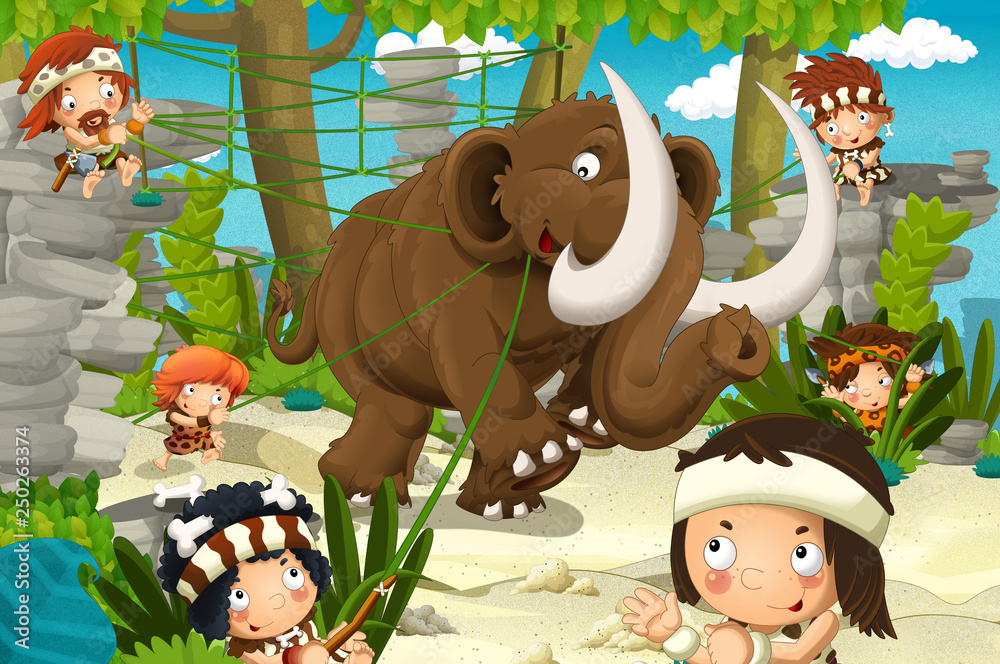 Cartoon scene with prehistoric mammoth cavemen hunting - illustration ...
