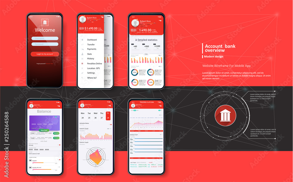 Mobile banking. Template for mobile app in red fashion design. Mobile ...