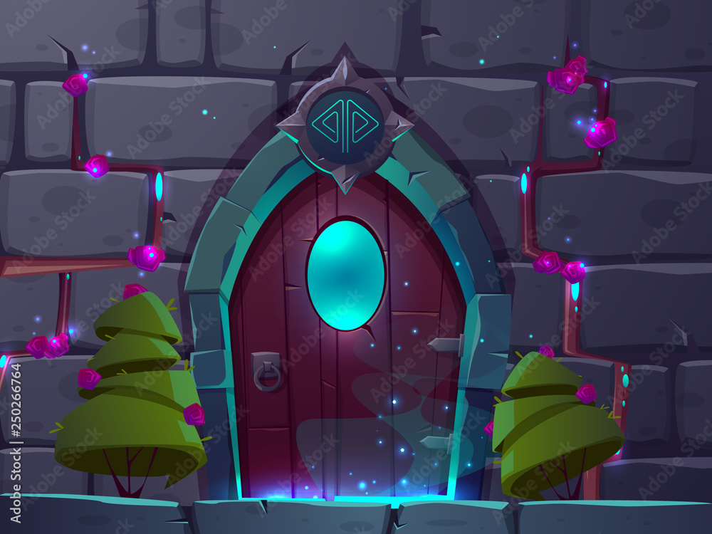 Vector cartoon background with wooden magic door with window. Brick ...