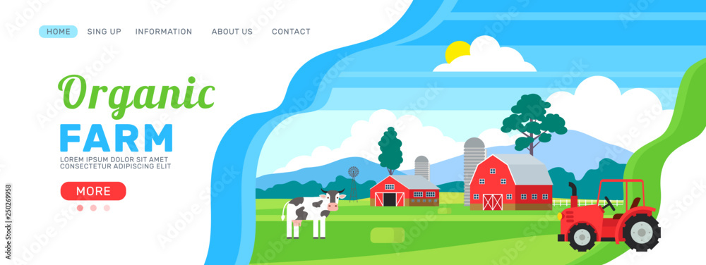 organic farming horizontal banner design. rural landscape farm house ...