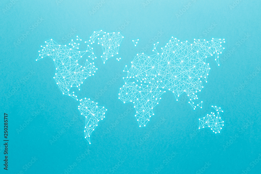 World map on the principle of neural networks on the blue background ...
