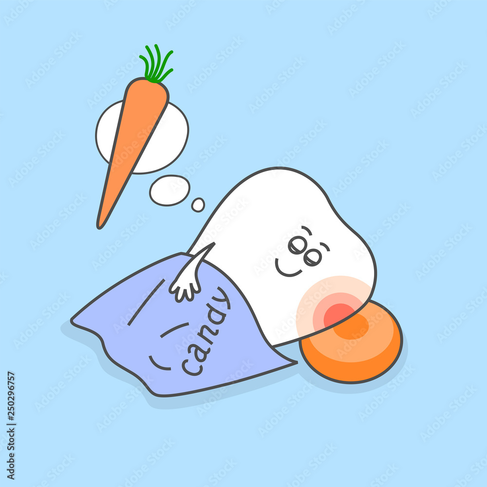 Cartoon tooth with a candy and a carrot. Dental care concept. Good and ...
