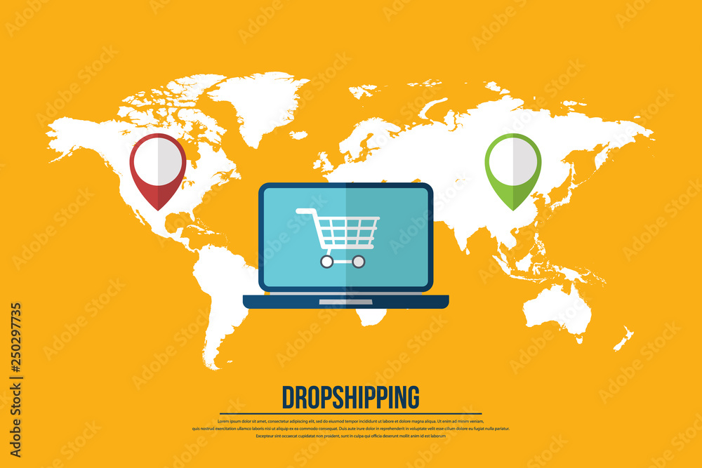 Dropshipping. Drop shipping concept. World map wit location markers and ...