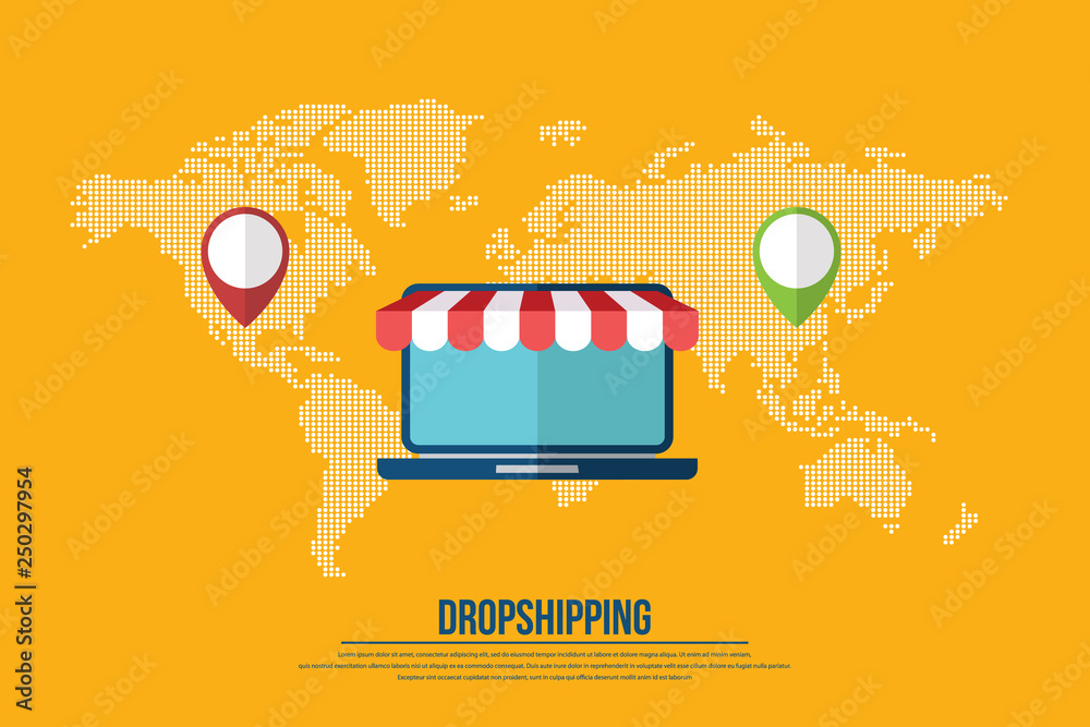 Dropshipping. Drop shipping concept. World map wit location markers and ...