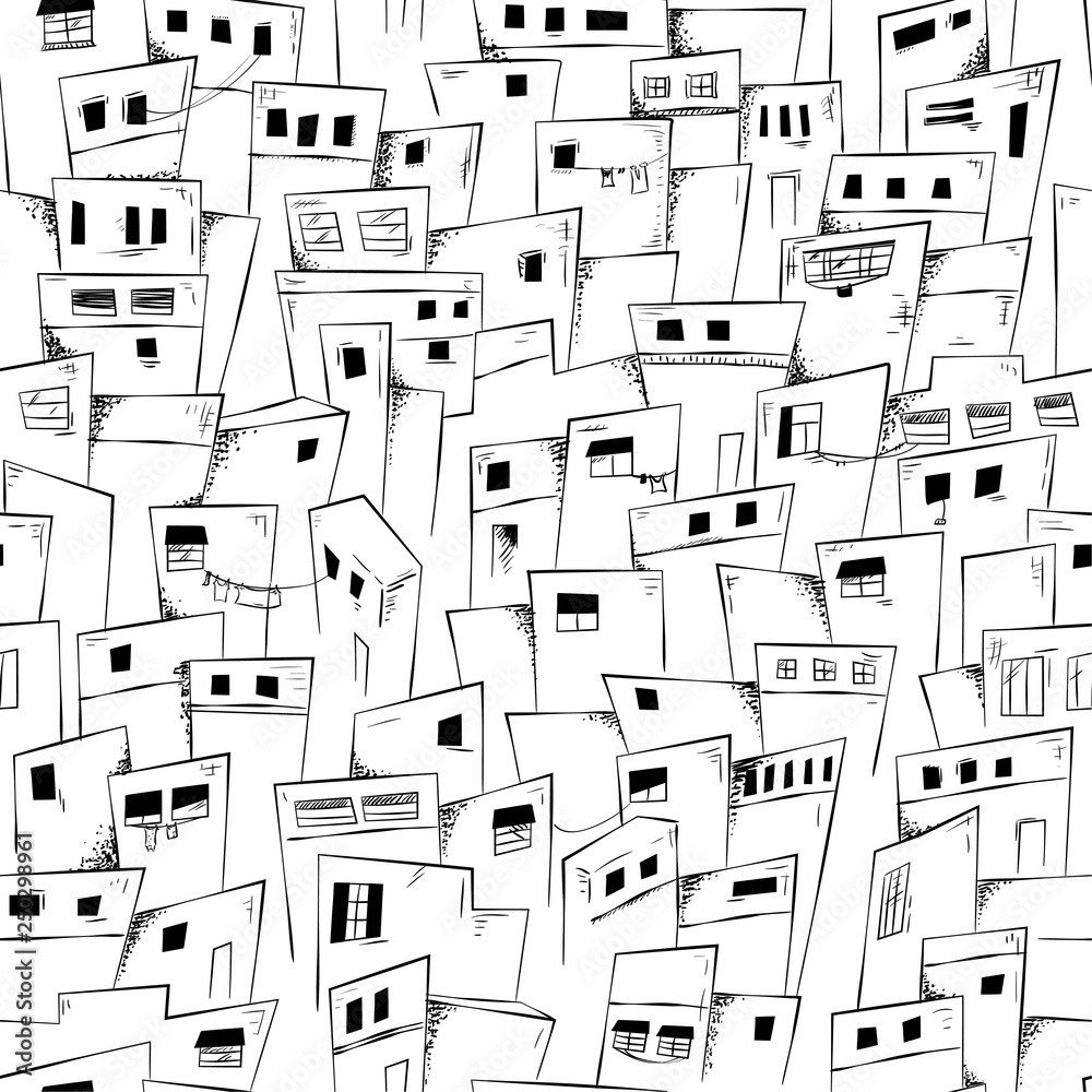 Seamless pattern of slum city in black and white. Vector background ...