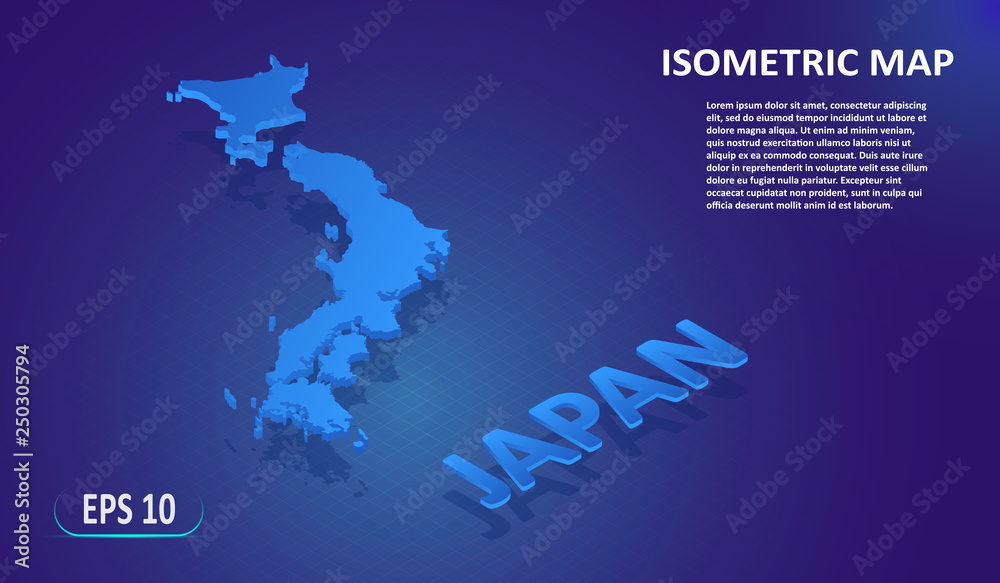 Isometric map of the JAPAN. Stylized flat map of the country on blue ...