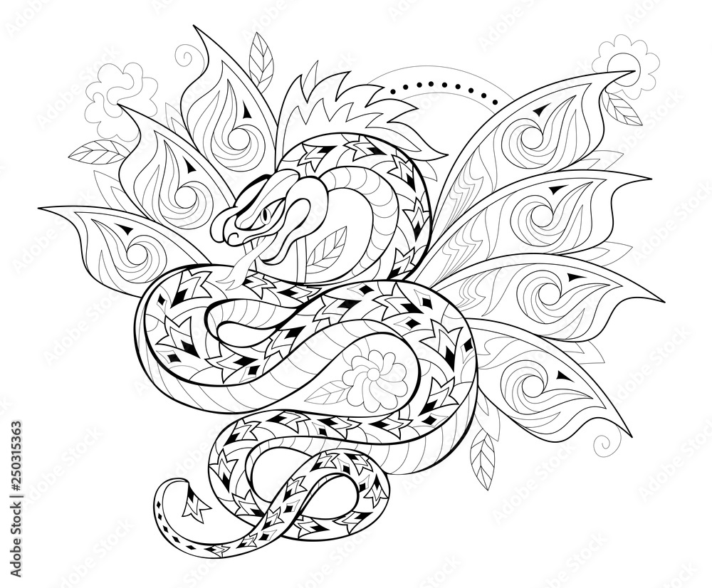 Stylized dragon in jungle. Black and white page for coloring book ...