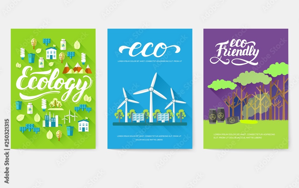 Ecology information cards set. Ecological template of flyear, magazines ...