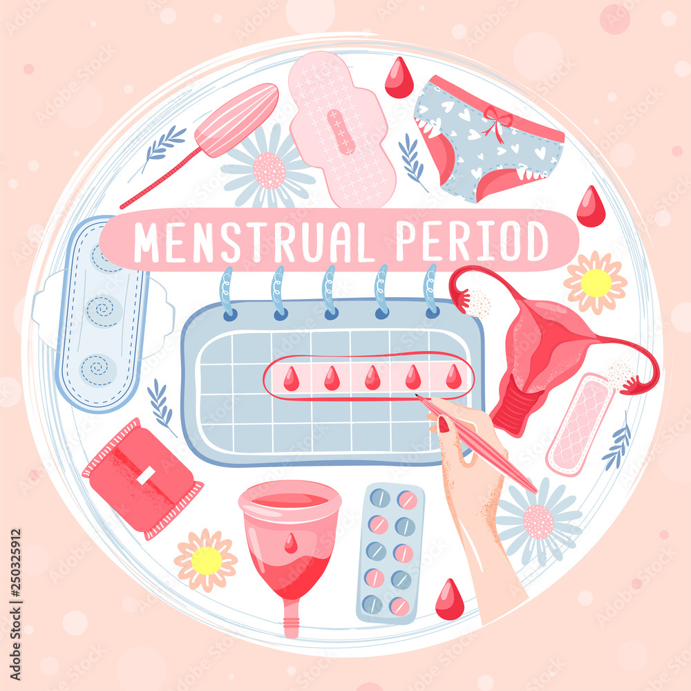 Menstrual period set in circle shape with menstrual cup, tampon, panty ...