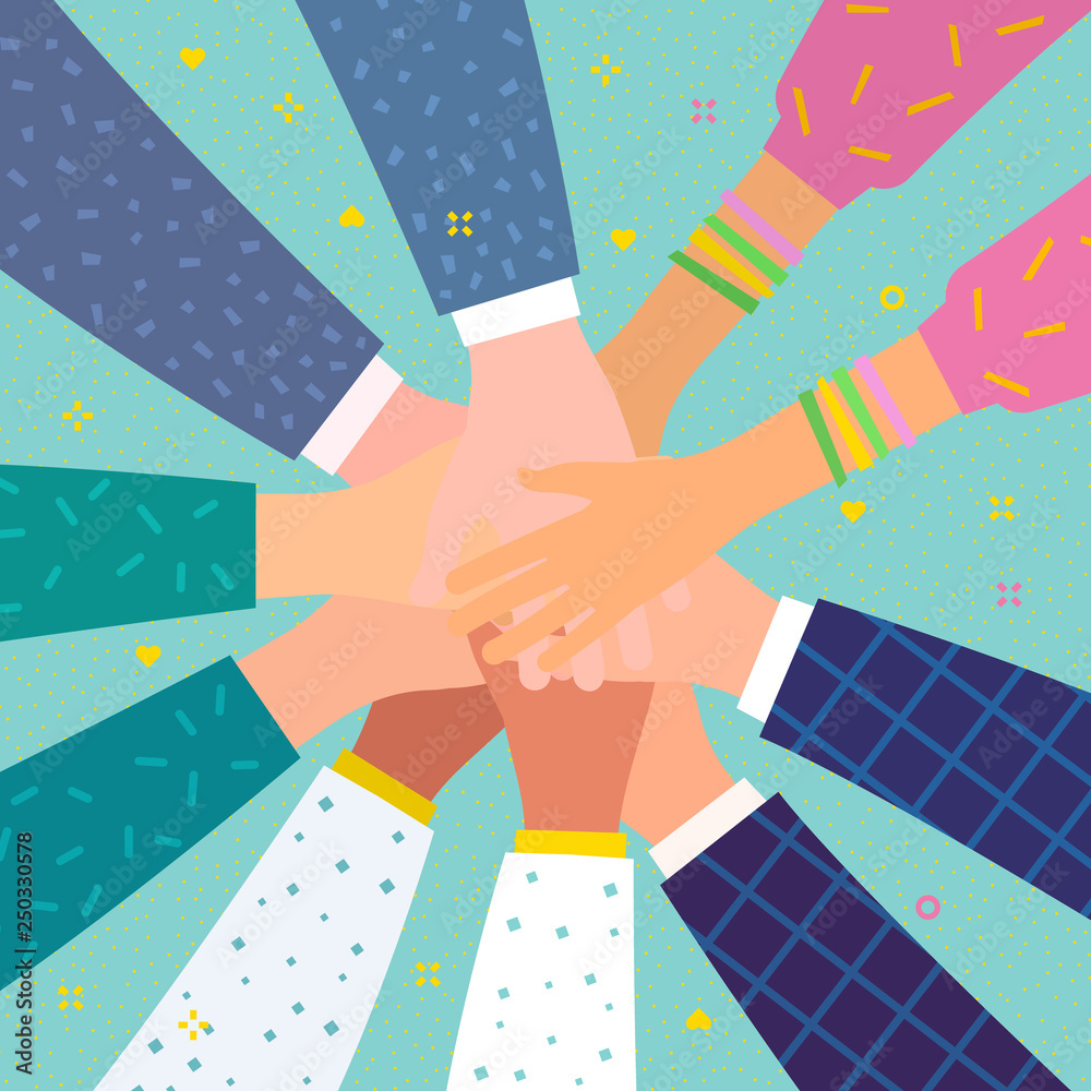 Concept of team work. Friends with stack of hands showing unity and ...