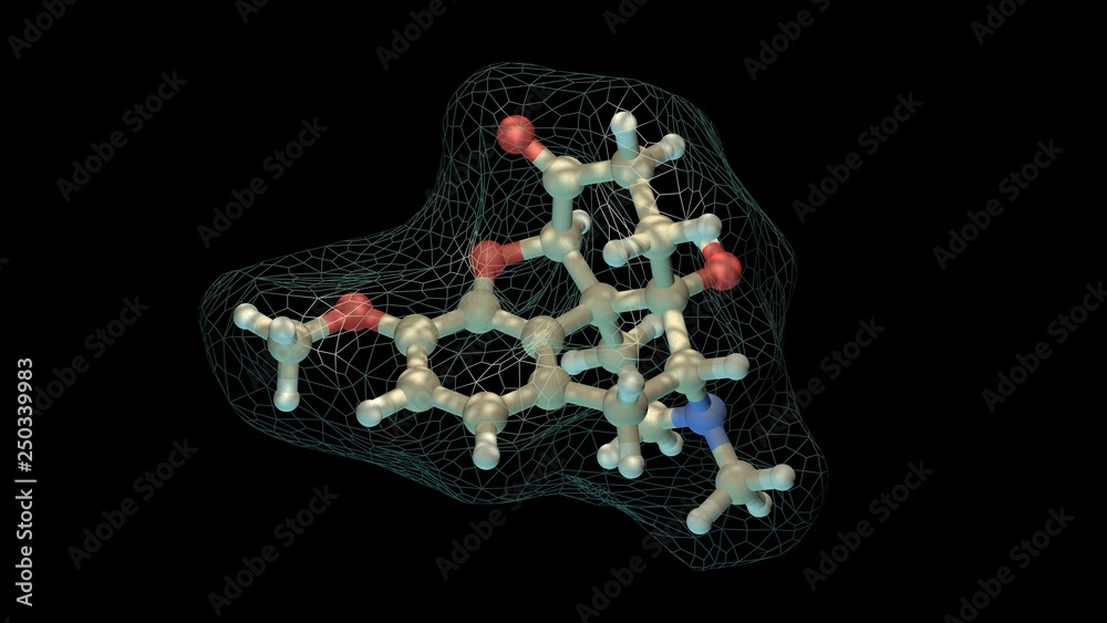 Oxycodone molecule 3d rendering . Ball and stick representation with ...