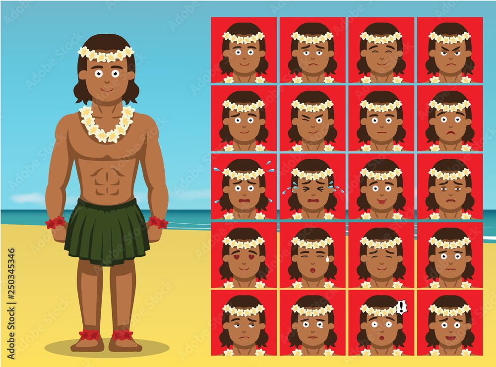 Hawaiian Traditional Dance Costume Man Cartoon Emotion faces Vector ...